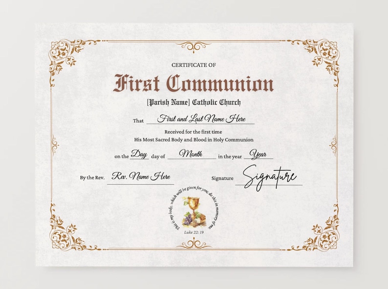 First Holy Communion Certificate Template | Catholic Template | Canva ...