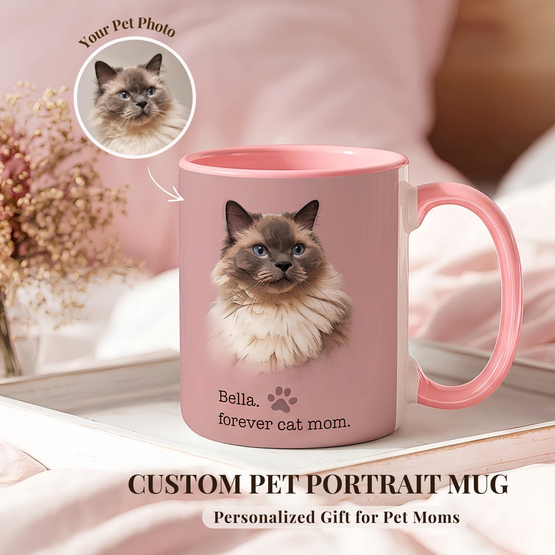 Custom Pet Portrait Mug, Personalized Cat Dog Gift, Pink Accent Ceramic ...