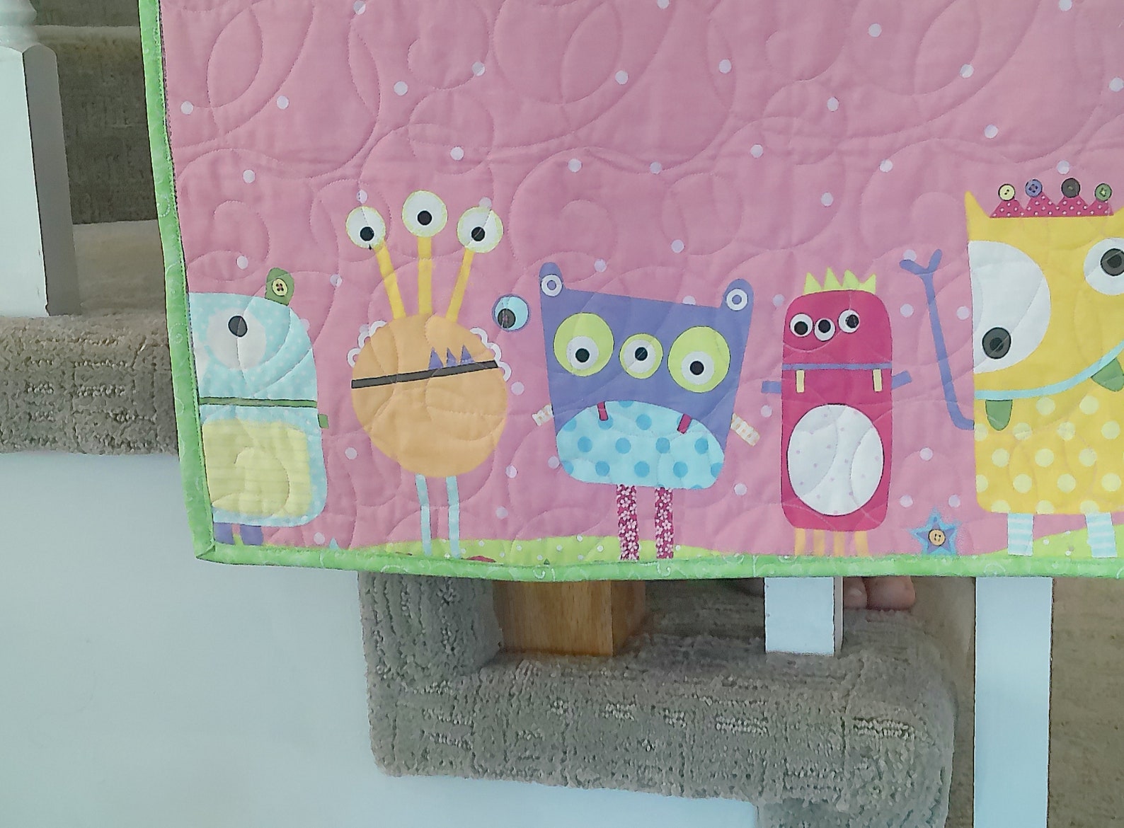 29 X 37 Cute Baby Monsters #2 on Pink Baby Quilt With GREEN Binding - Etsy