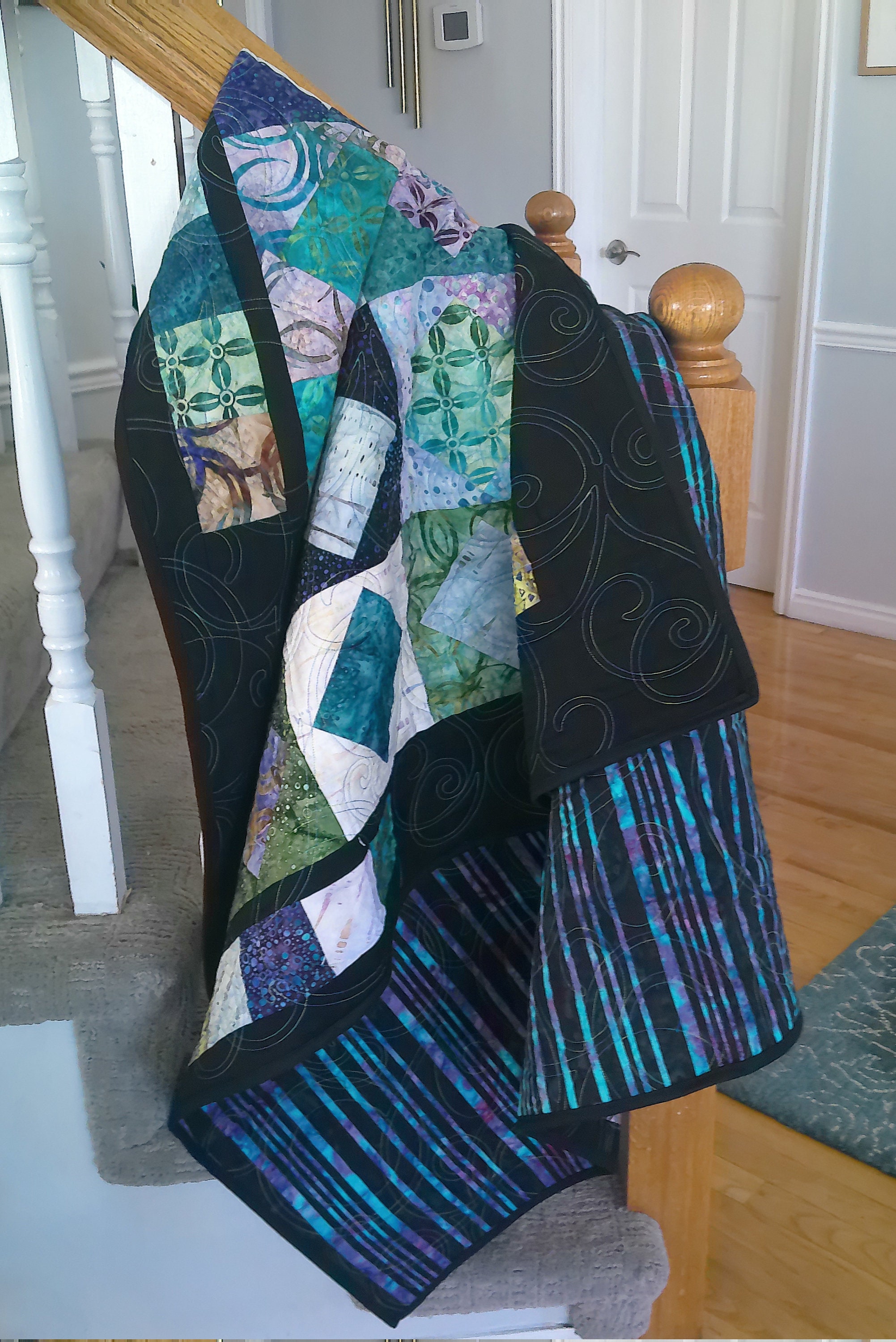 54" X 62" Square in Square Batik Quilt in Modern Prints in Green and ...