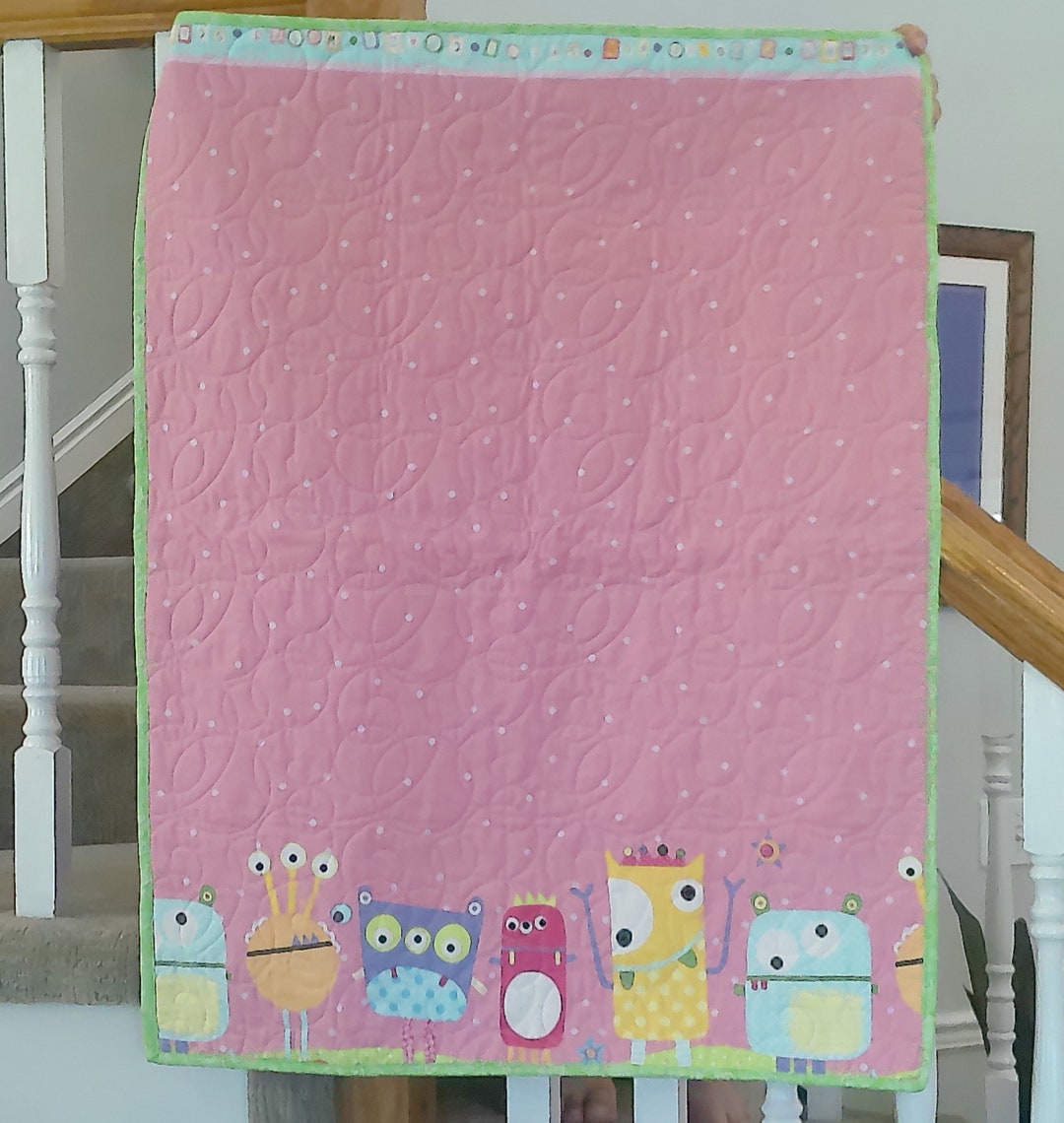 29 X 37 Cute Baby Monsters #2 on Pink Baby Quilt With GREEN Binding - Etsy