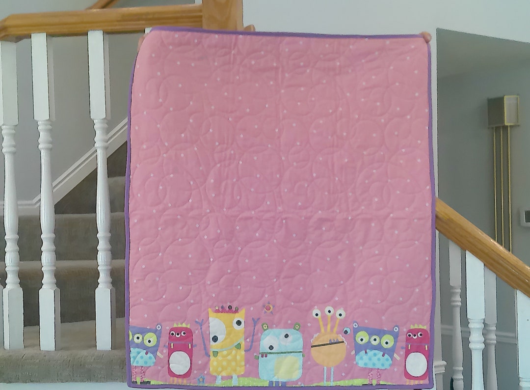 30" X 35" Cute Baby Monsters #3 on Pink Baby Quilt With PURPLE Binding ...