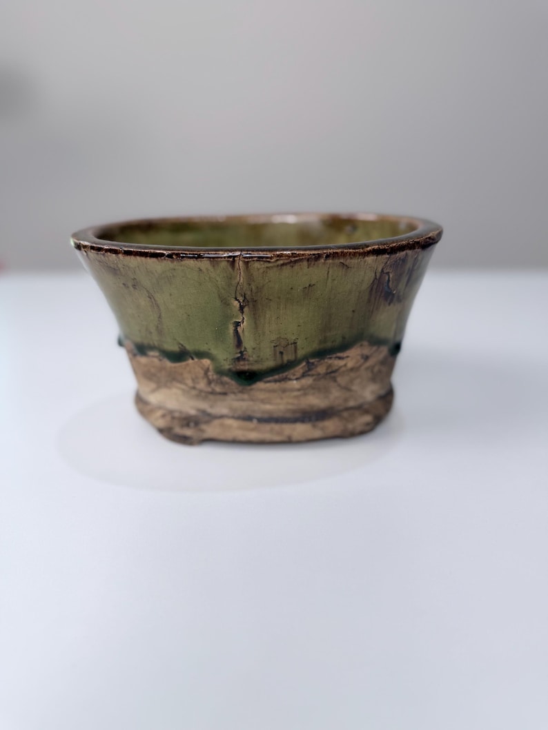 Vintage Studio Pottery Planter Bowl | Green Drip Glaze Ceramic Bonsai ...