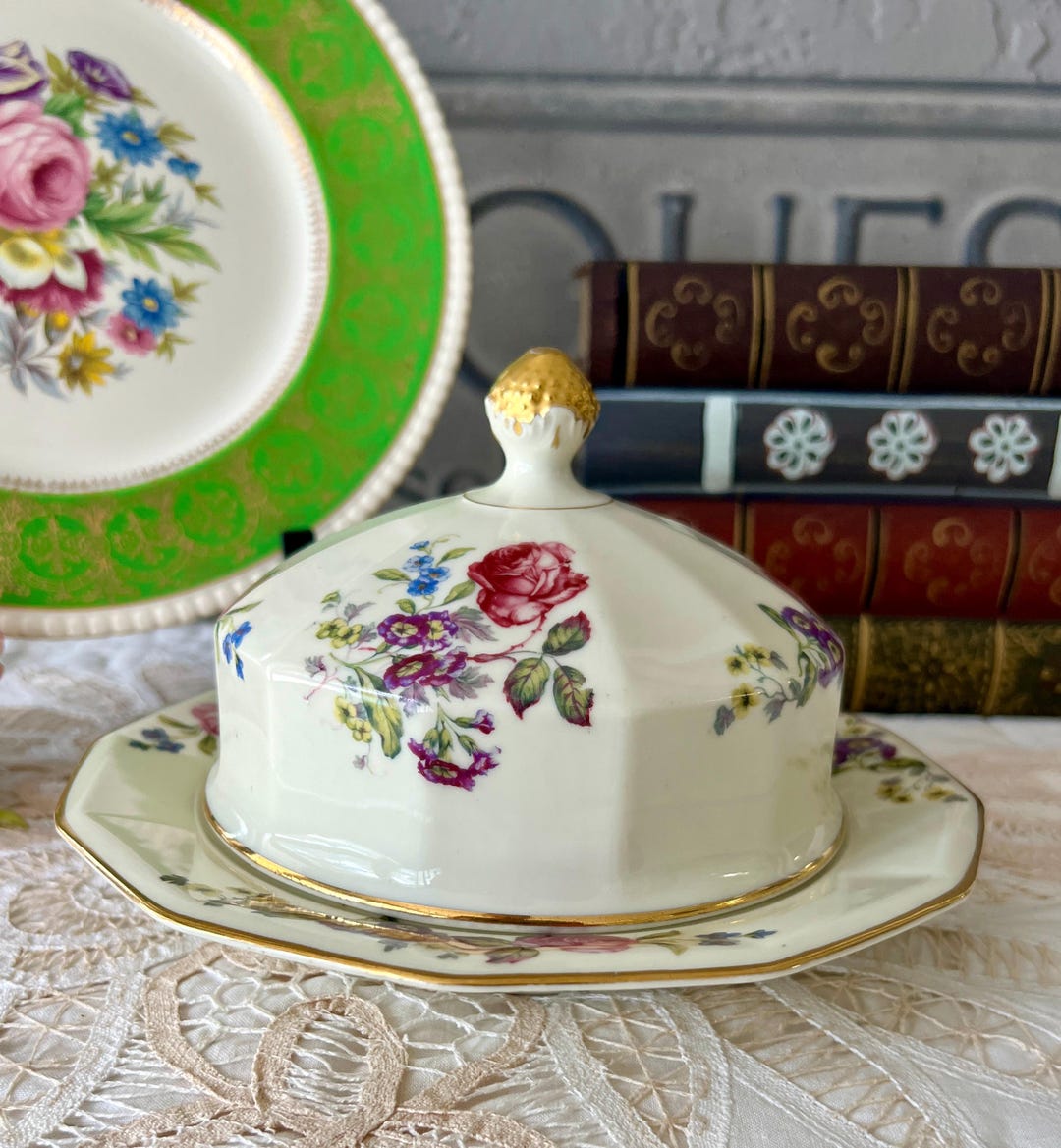 Antique Round Covered Butter Dish Plate Floral Cottage Core Home Decor ...