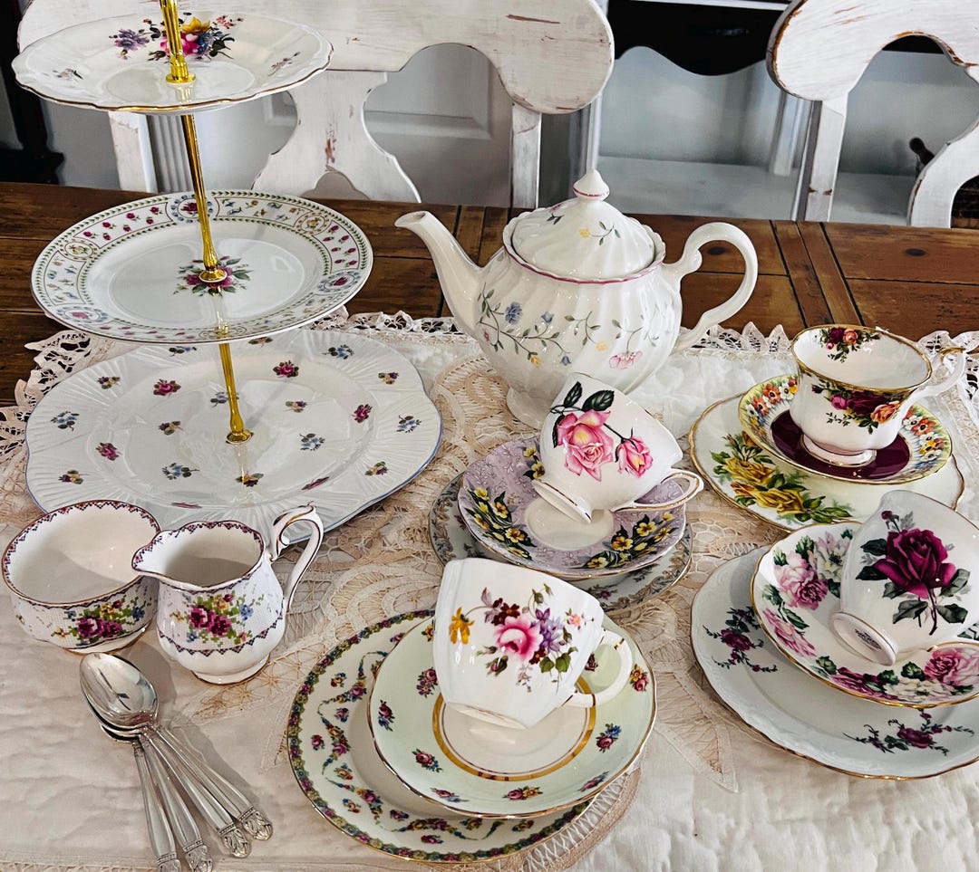 Complete Tea Set, Vintage Mismatched China Tea Pot, Teacups and Saucers ...