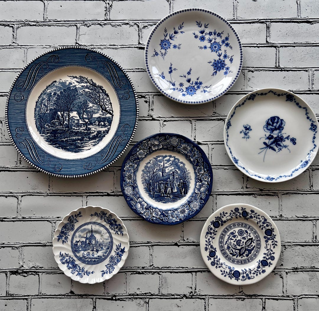 Blue and White Vintage Wall Plate Collection, Mismatched Plates for ...