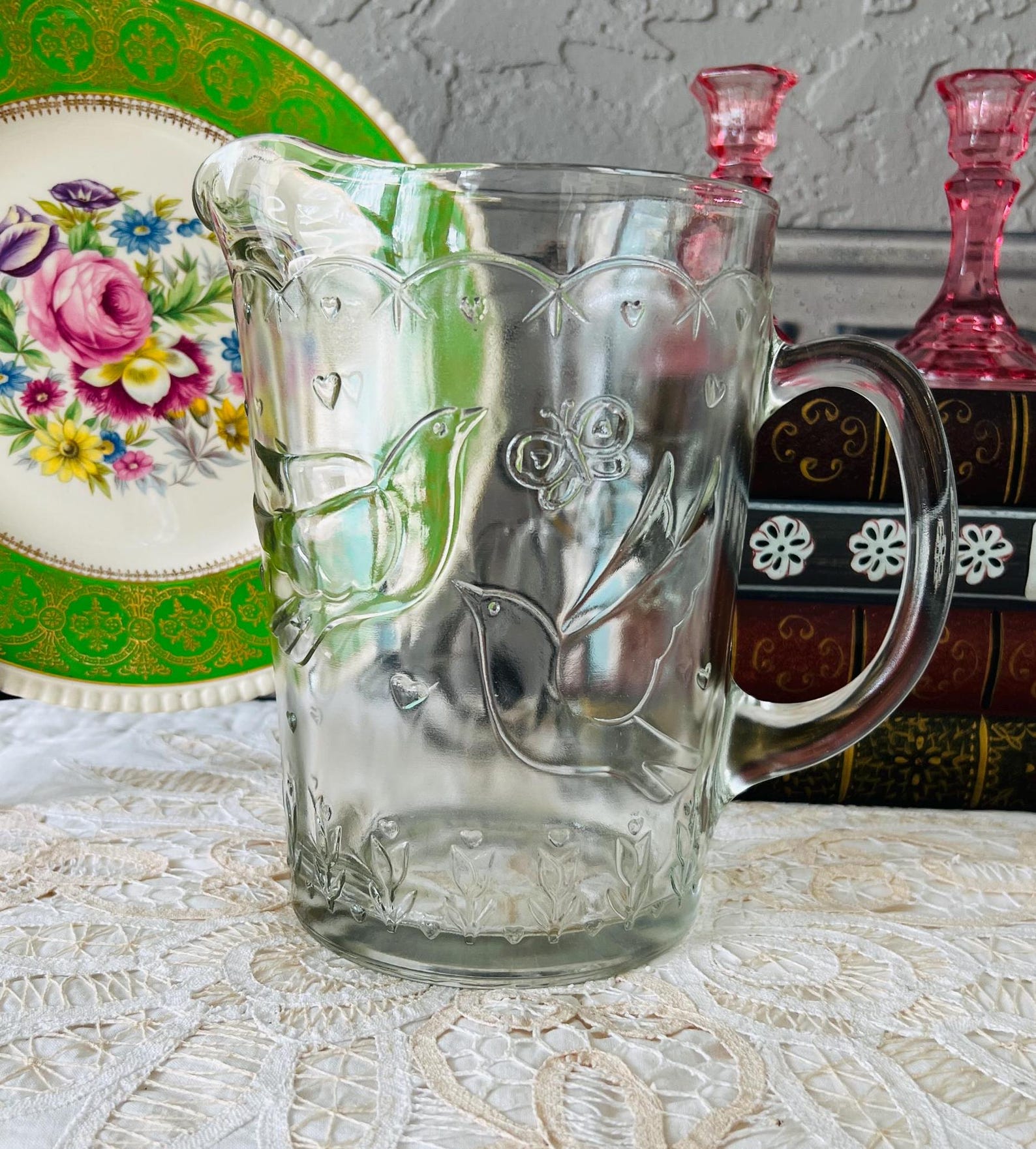 Vintage Indiana Glass Pitcher: Spring Garden Birds & Butterflies - Etsy