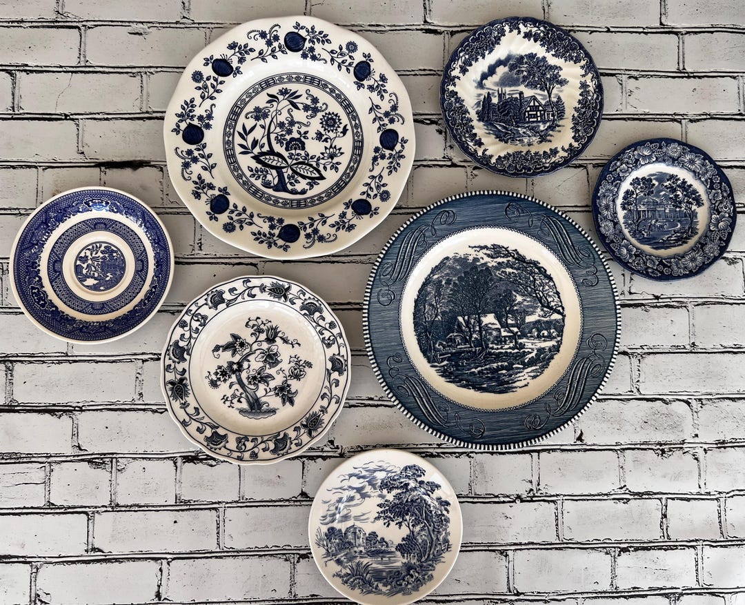 Blue and White Vintage Wall Plate Collection, Mismatched Plates for ...