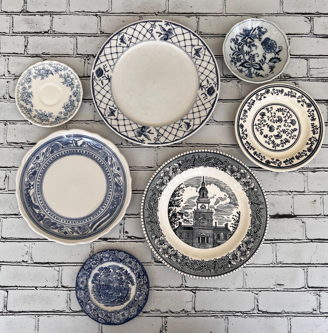 Blue and White Vintage Wall Plate Collection, Mismatched Plates for ...