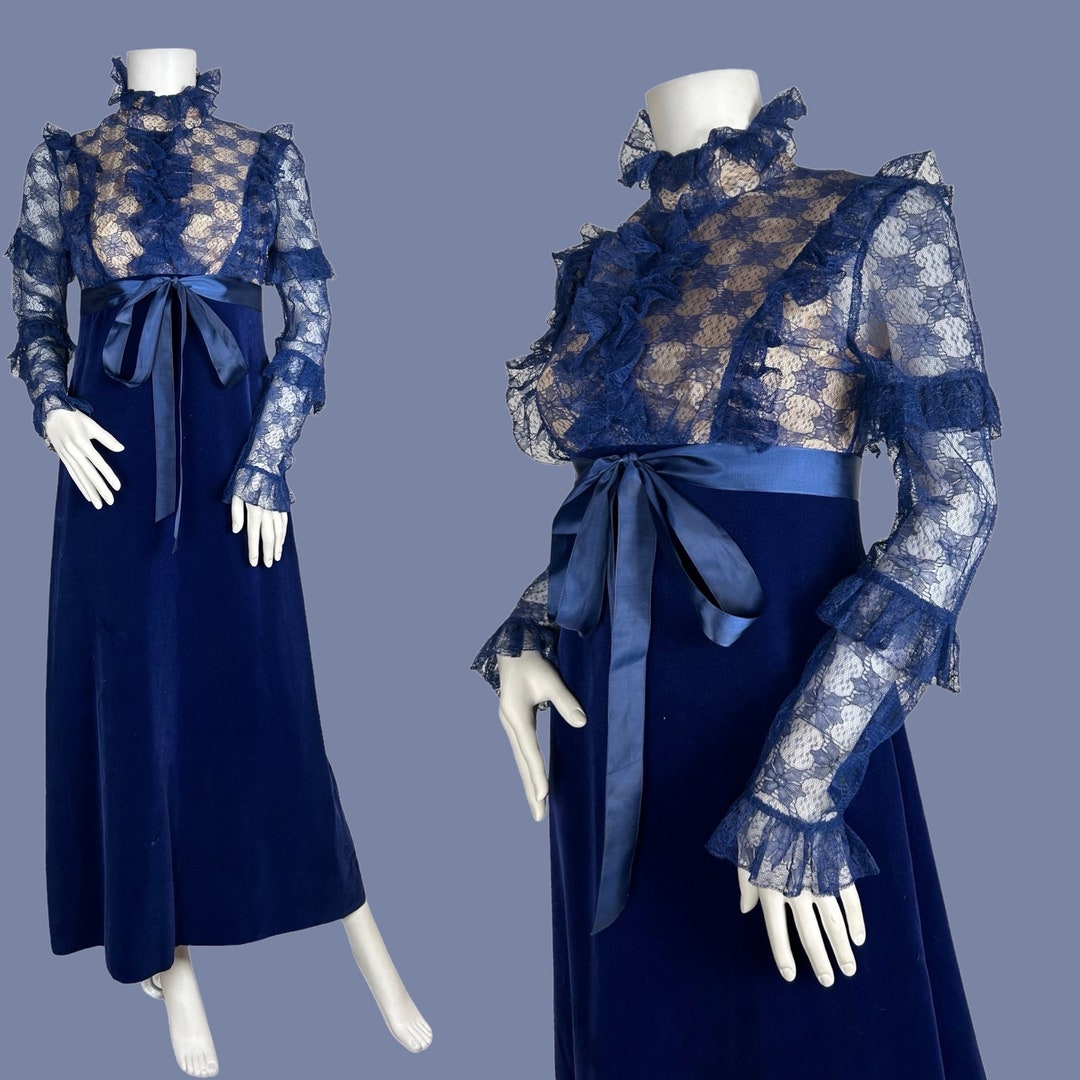1960s Jean Varon Maxi Dress, Blue Velvet and Lace - Etsy