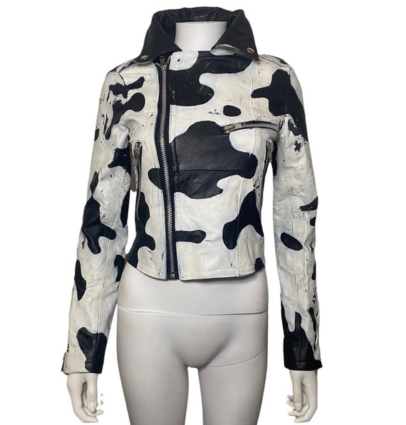 Vintage 90s Biker Jacket, Hand Painted Cow Print - Etsy Vintage 90s Biker Jacket, Hand Painted Cow Print - Etsy