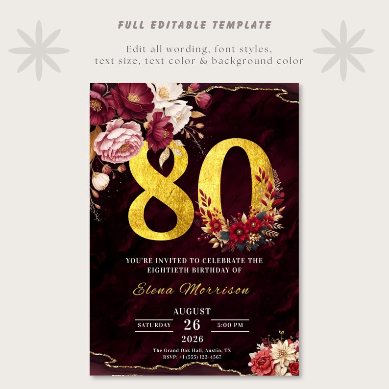 Burgundy Gold Floral 80th Birthday Invitation Template Editable ...