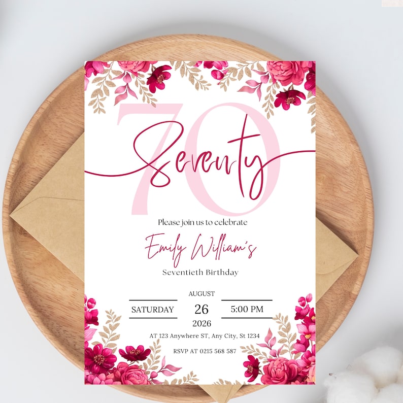 Editable 70th Birthday Invitation Template, Pink Floral Seventy ...