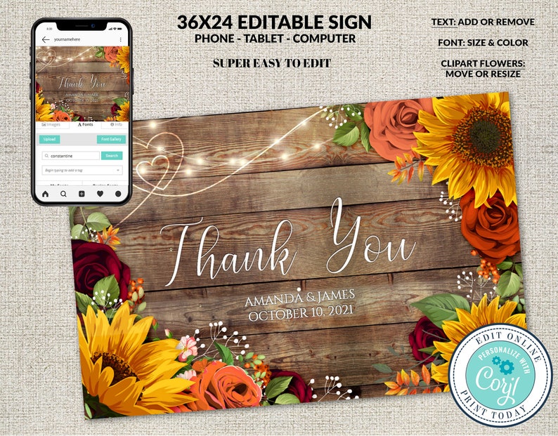 Rustic Fall Wedding Thank You Sign: Sunflowers & Roses (editable Corjl ...