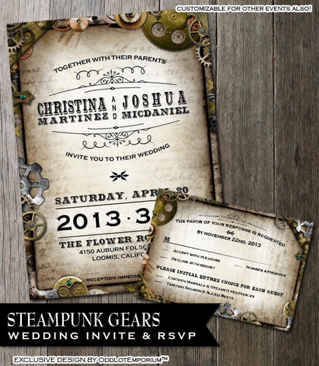 Steampunk Wedding Invitation & RSVP: Gears on Parchment (digital ...