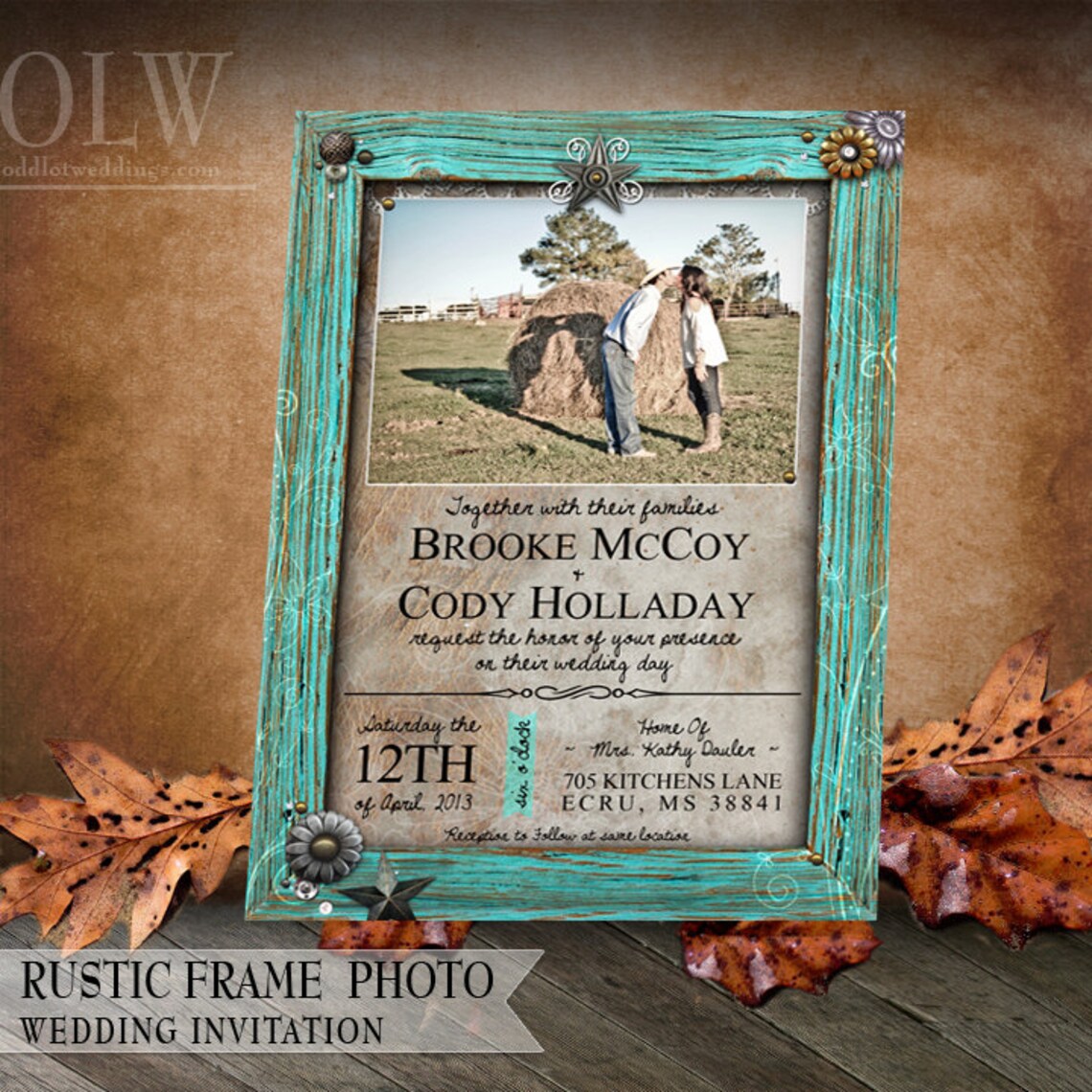 Turquoise Frame Wedding Invitation, Country Rustic Wedding Invite ...