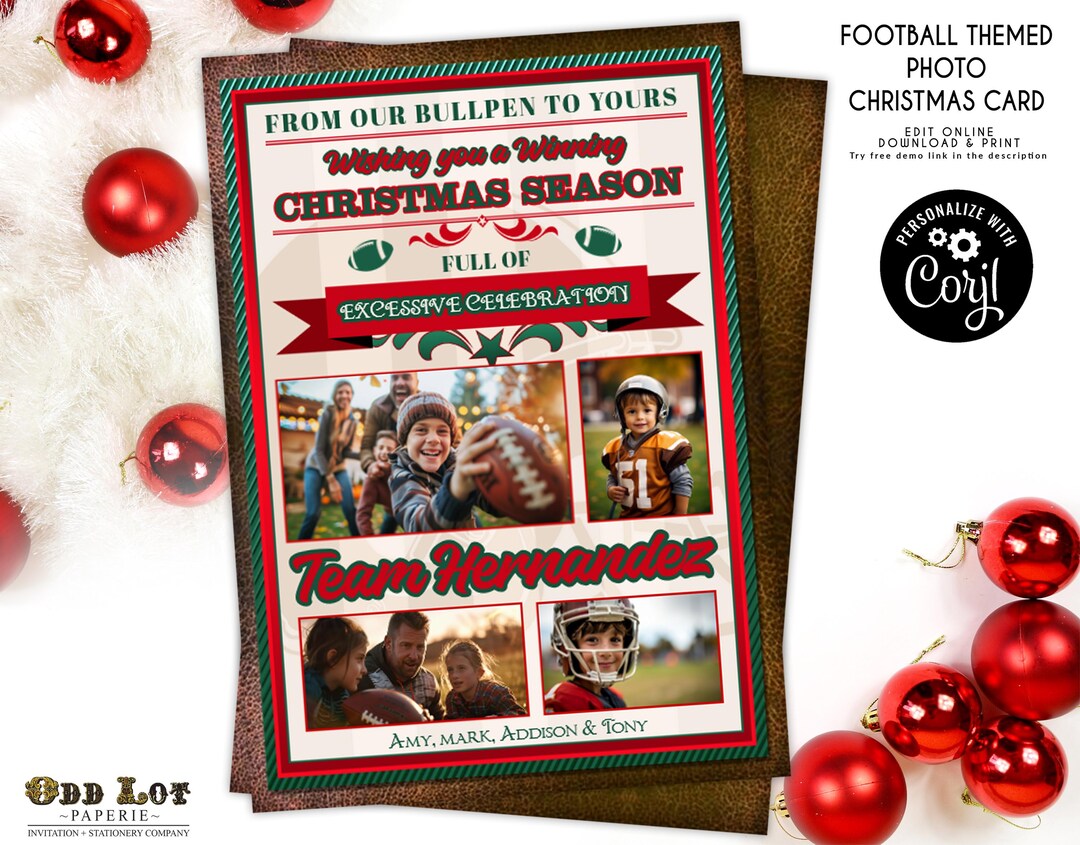 Football Christmas Card, Printable Christmas Card, Photo Card, Football ...