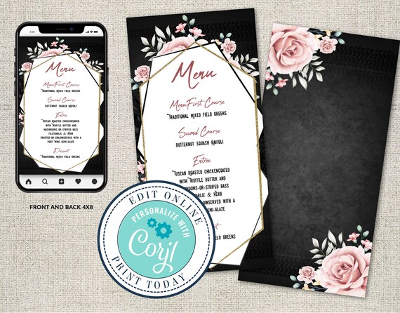 Wedding Menu Card Template, Motorcycle and Flowers, Elegant Biker ...