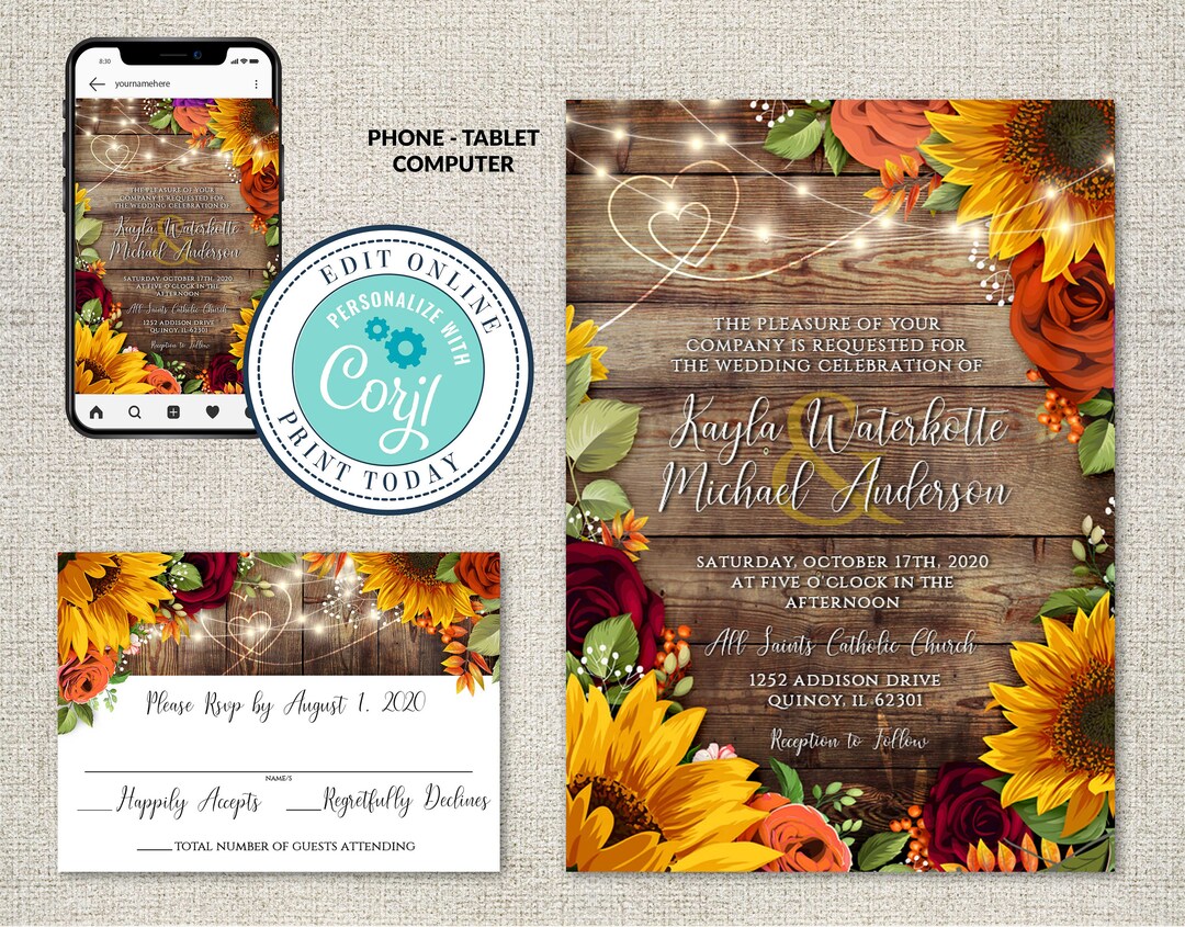 Fall Sunflower Wedding Invitation Template: Burgundy Roses (instant ...