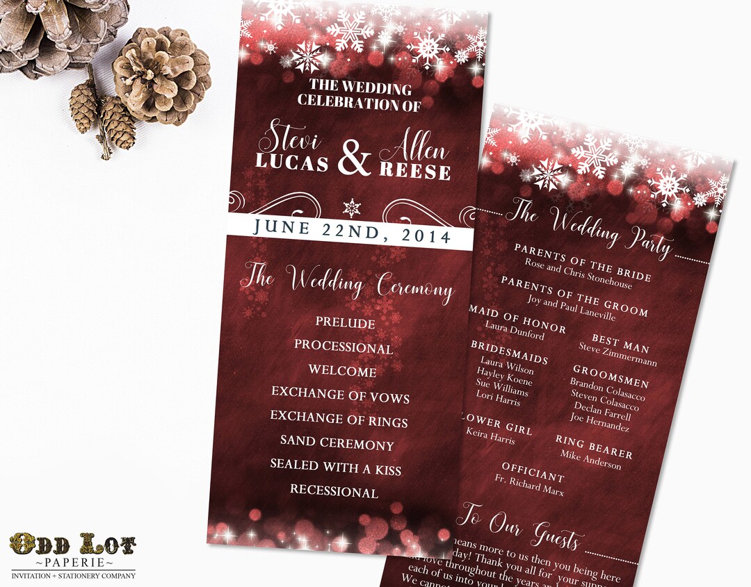 Winter Wedding Program: Red Merlot Chalkboard, Snowflakes (DIY PDF) - Etsy