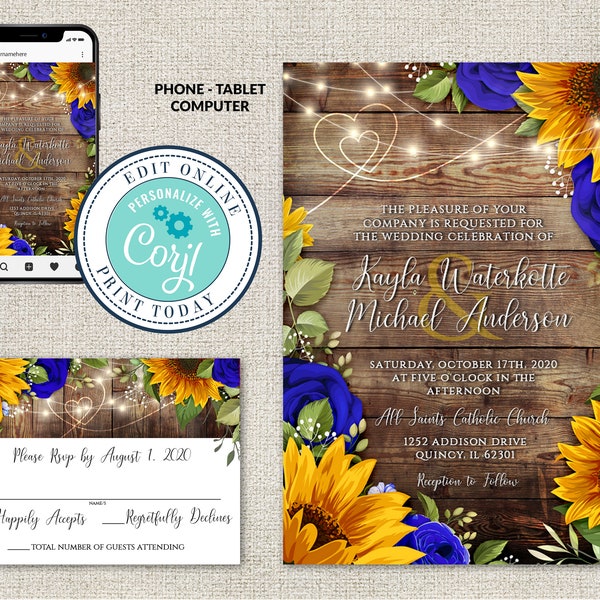 Rustic Sunflower Wedding Invitation Template - Etsy