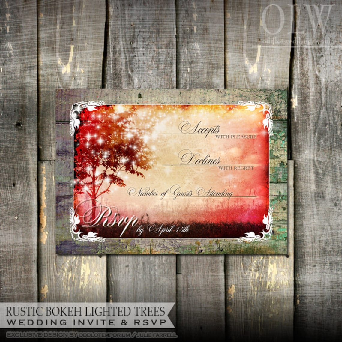 Rustic Wedding Invitation and RSVP Set Bokeh Lights Wedding Invitation ...