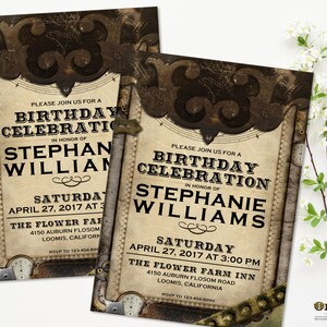 Steampunk Birthday Invitation: Vintage Gears, Leather (printable) - Etsy