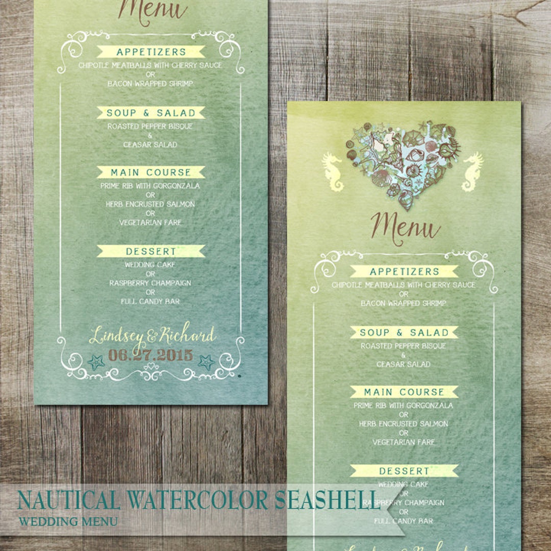 Nautical Watercolor Beach Wedding Menu DIY Beach Wedding Seahorse Heart ...