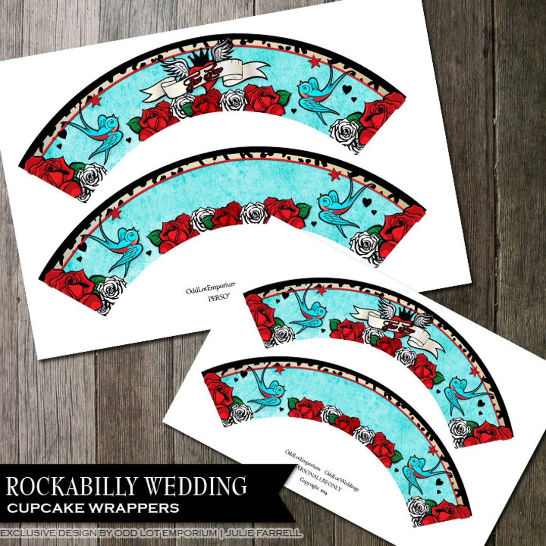 Rockabilly Cupcake Wrapeprs | Tattoo Party Printable | Cupcake Wrap ...