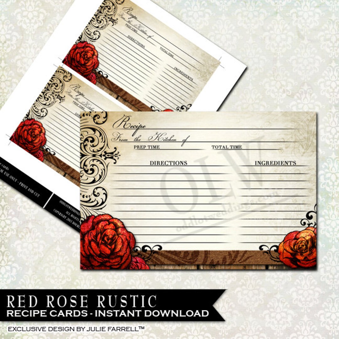 Rustic Recipe Cards | Red Rose Recipe Cards | Instant Download ...