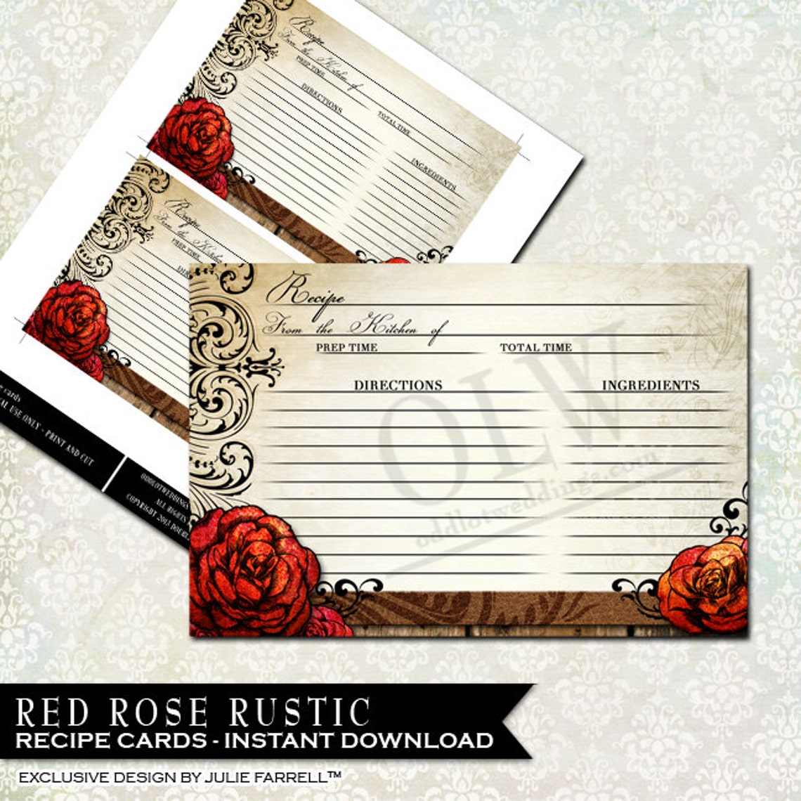 Rustic Recipe Cards Red Rose Recipe Cards Instant Download | Etsy