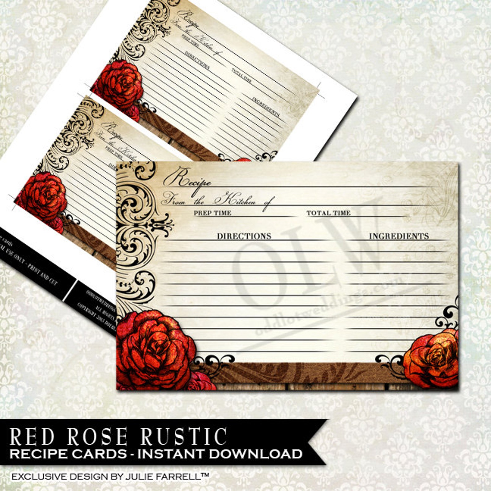 Rustic Recipe Cards Red Rose Recipe Cards Instant Download | Etsy