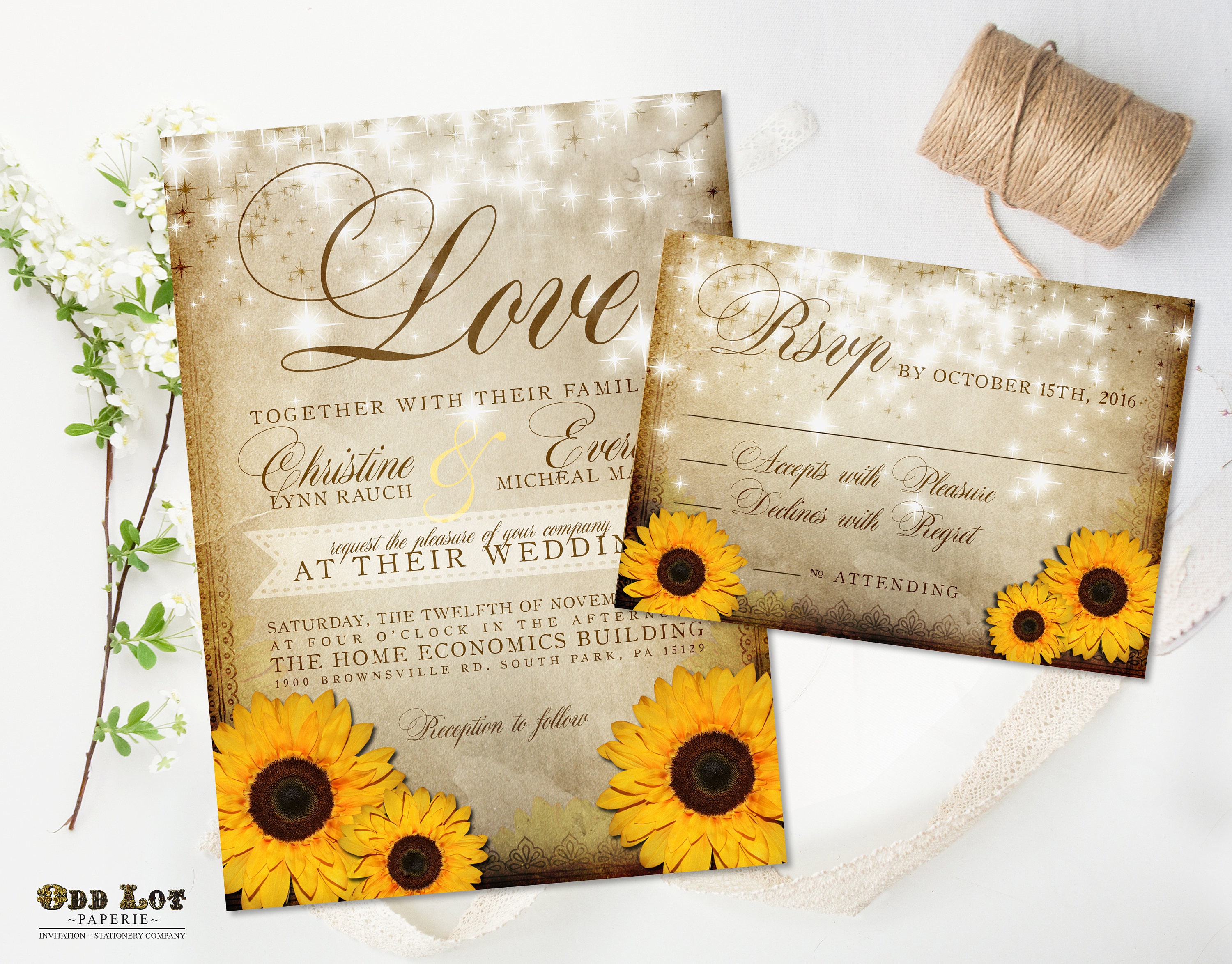 Sunflower Wedding Invitation, Vintage Sunflower Invites, Fall Wedding ...