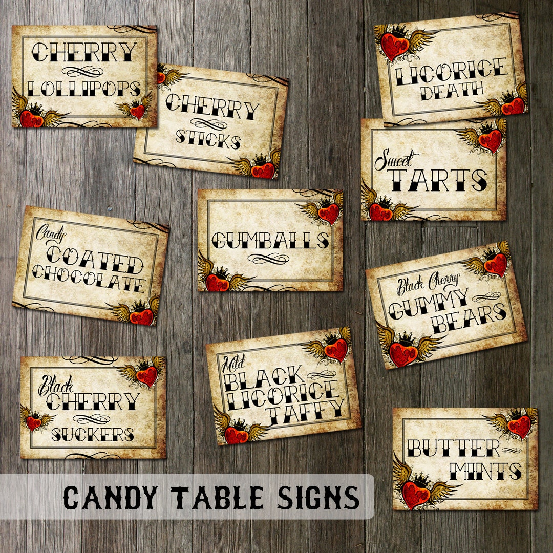 Rockabilly Wedding Candy Table Signs: Tattoo Heart (digital Files) - Etsy