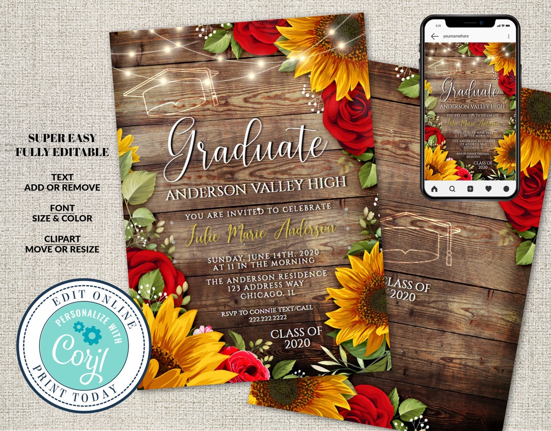 Sunflower and Roses Graduation Invitation, Class of 2020 Invite ...
