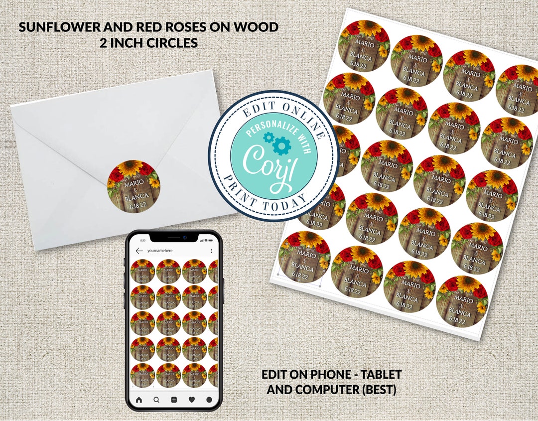 Editable Corjl Labels, Sunflower and Red Roses 2 Inch Stickers Template ...
