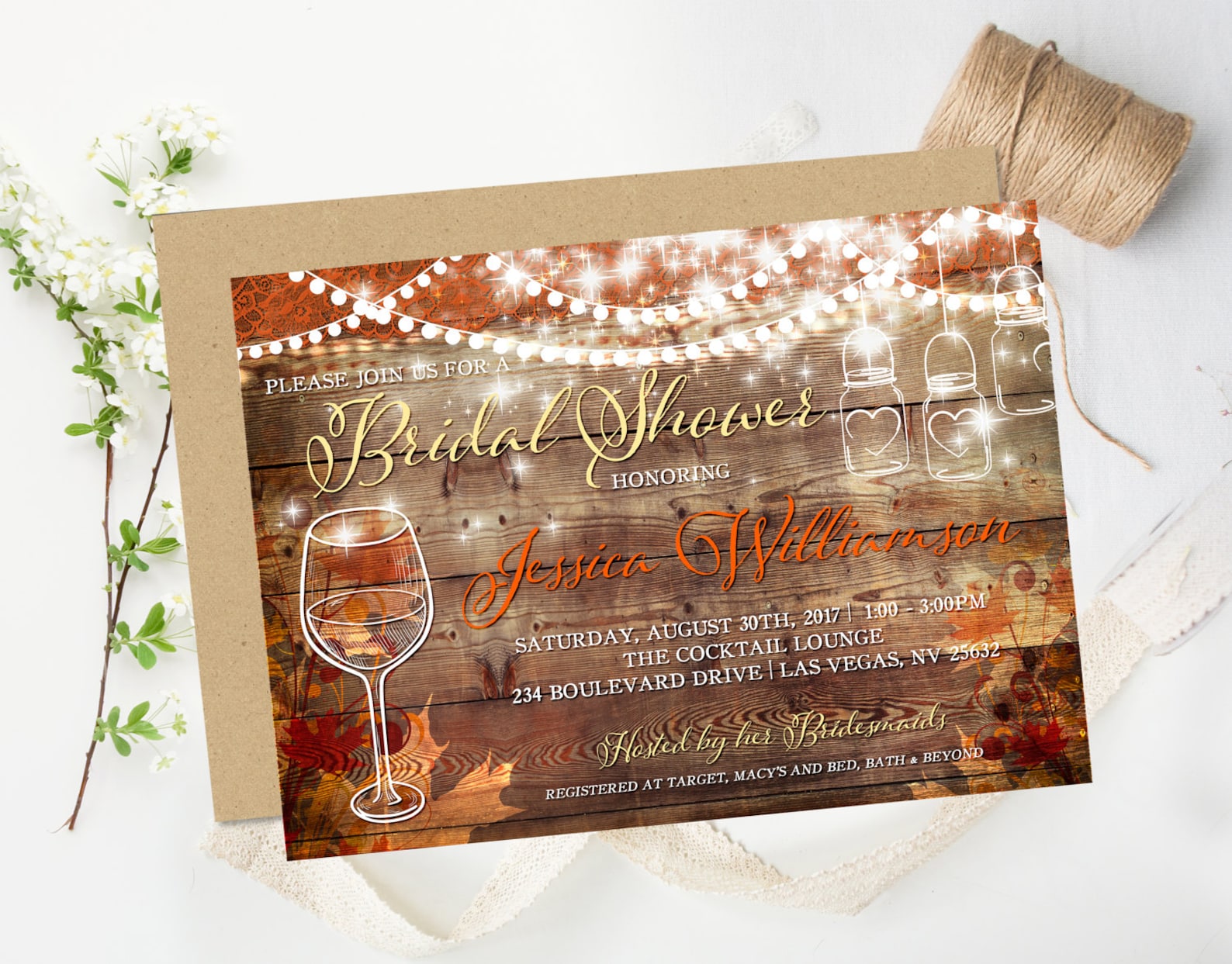 Fall Wine Tasting Bridal Shower Invitation: Rustic Mason Jar (digital ...