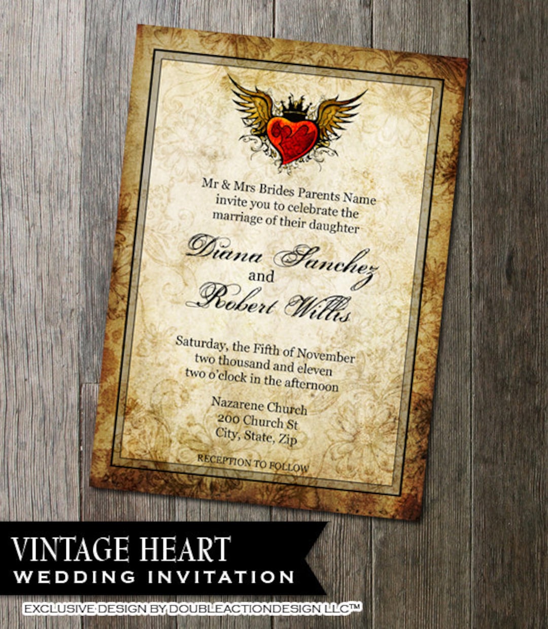 Vintage Paper Tattoo Red Winged Heart Digital DIY Wedding Invitation ...