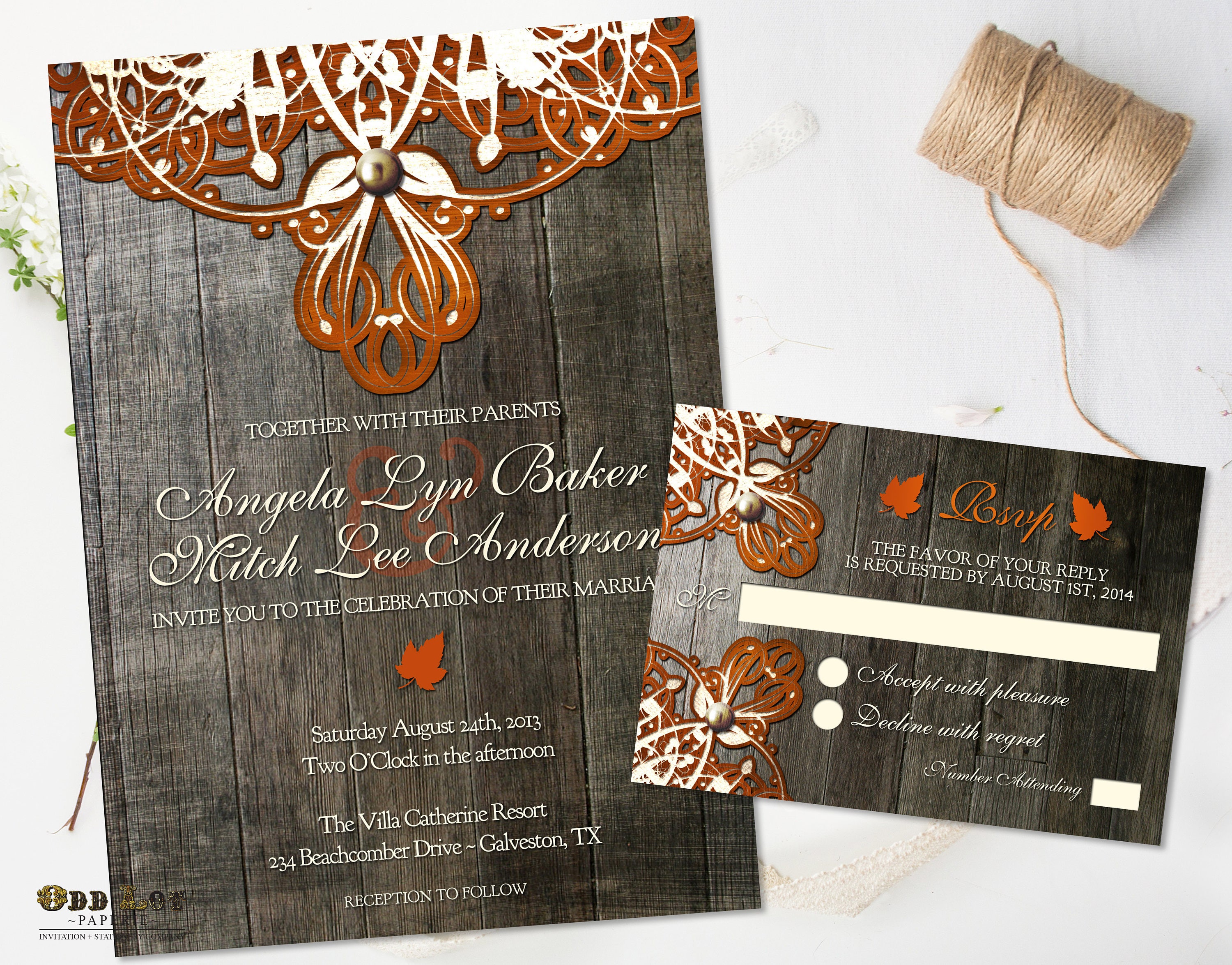 Rustic Lace Wedding Invitation and RSVP Fall Wedding Invite | Etsy