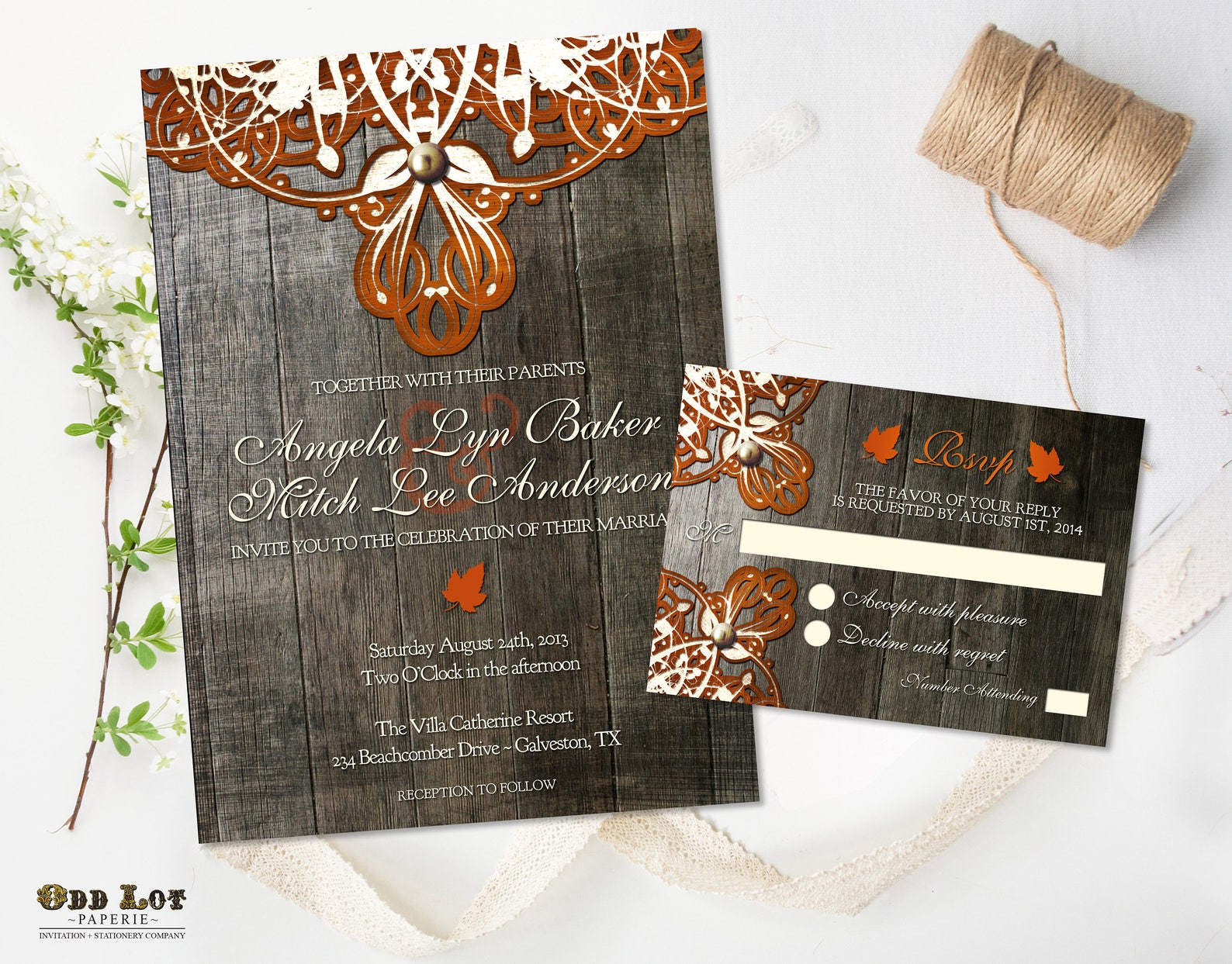 Rustic Lace Wedding Invitation and RSVP Fall Wedding Invite - Etsy