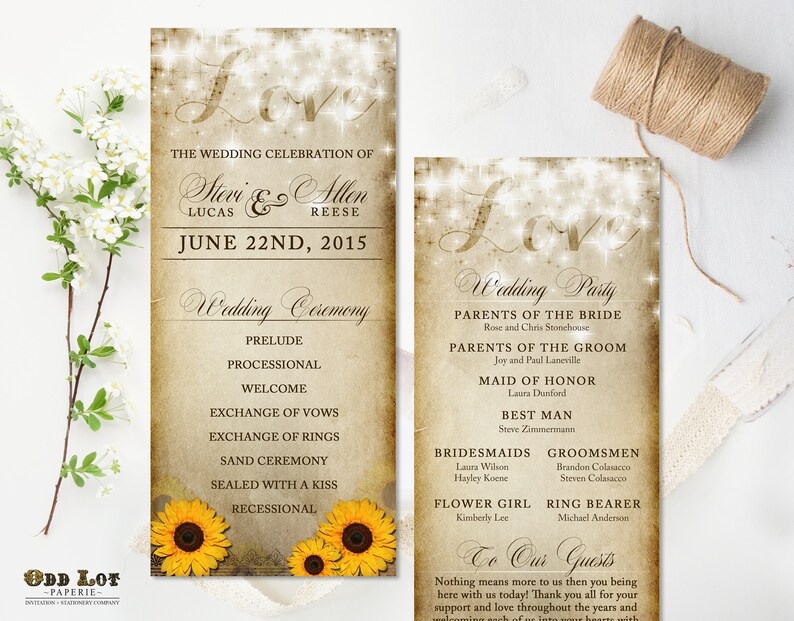 Rustic Wedding Program Sunflower Wedding Summer Wedding - Etsy