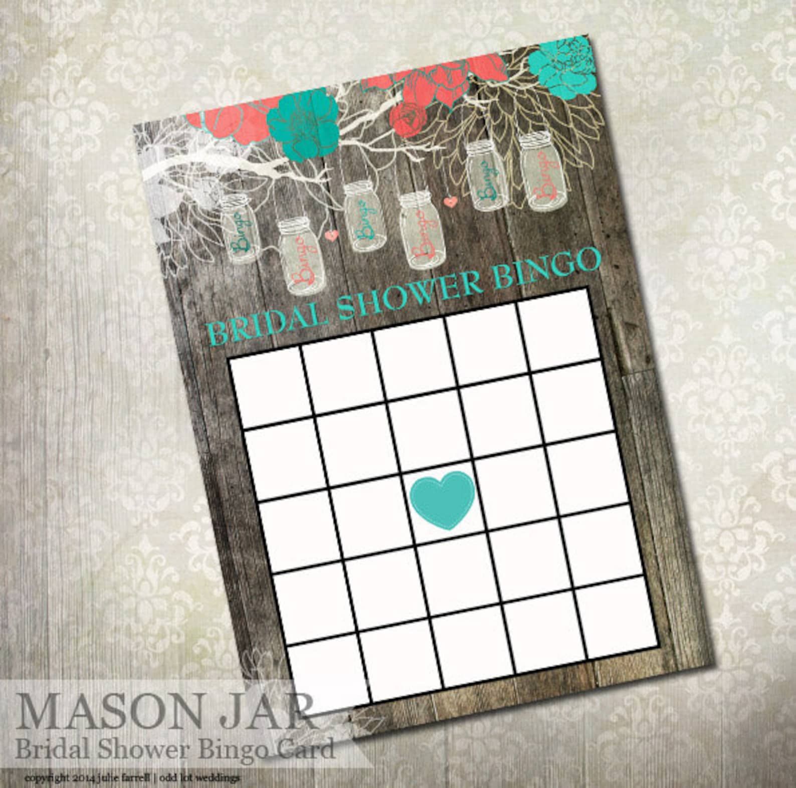 Rustic Mason Jar Bridal Shower Bingo Game 5x7 2 on a Sheet - Etsy