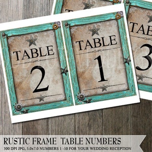 Rustic Turquoise Frame Wedding Reception Table Numbers 1-10 Jpg Pdf ...
