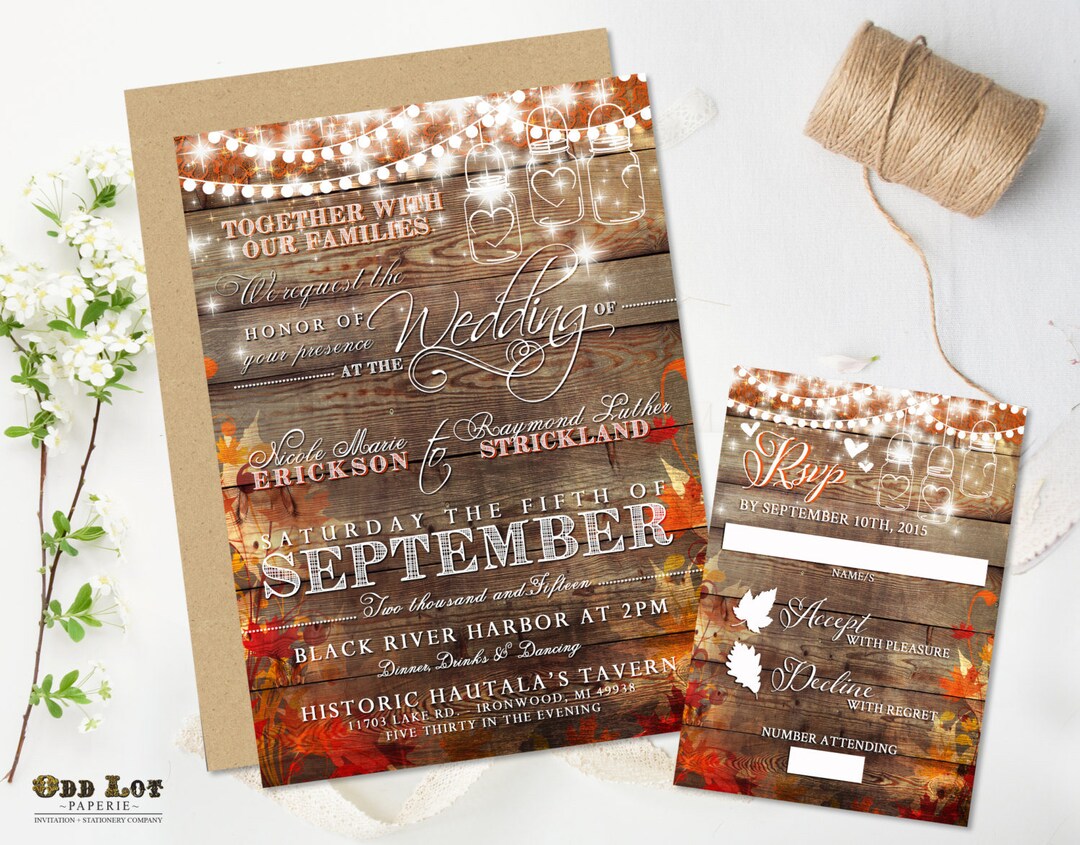 Rustic Fall Wedding Invitation: Mason Jar Lights, Autumn Leaves - Etsy