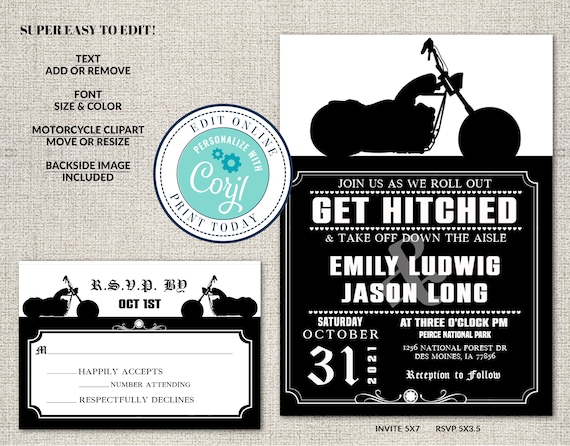 Editable Motorcycle Biker Wedding Invitation & RSVP Card Template ...