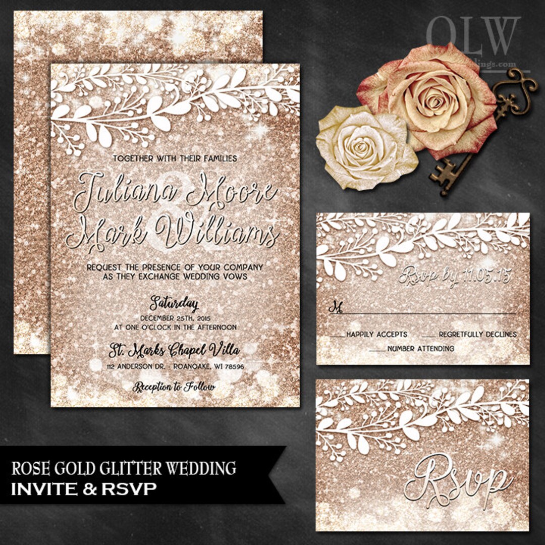 Rose Gold Wedding Invite and RSVP Card, Rose Gold Wedding Set, Sparkle ...