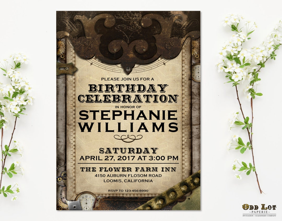 Steampunk Birthday Invitation: Vintage Gears, Leather (printable) - Etsy