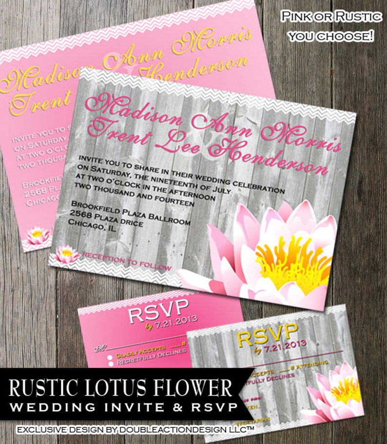 Rustic Pink Lotus Flower Wedding Invitation and RSVP Card - Etsy