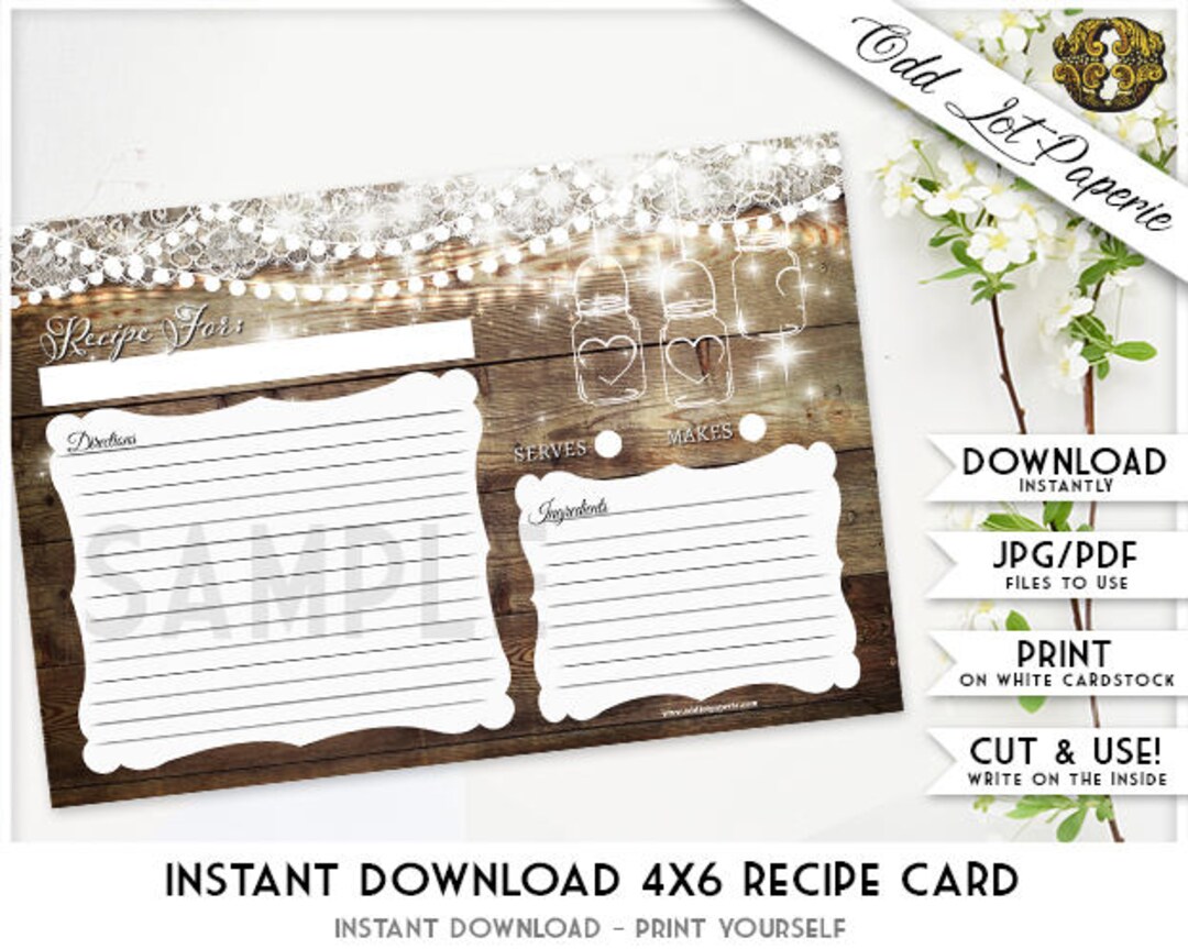 Rustic Recipe Cards: Mason Jar & Lace Design (printable PDF) - Etsy