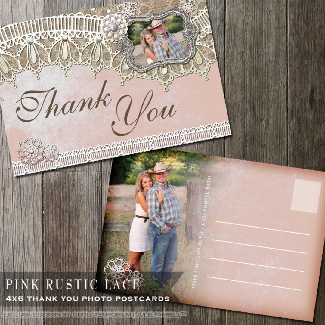 Pink Rustic Thank You Postcard, Rustic Wedding Thank You, DIY Postcard ...